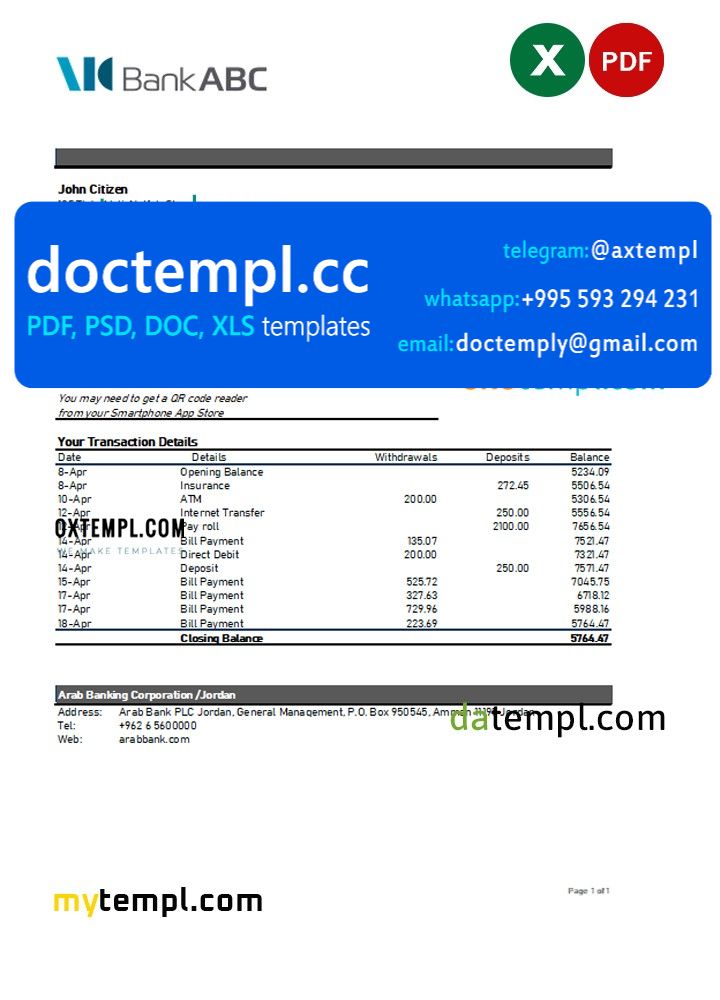 Jordan ABC bank statement Excel and PDF template