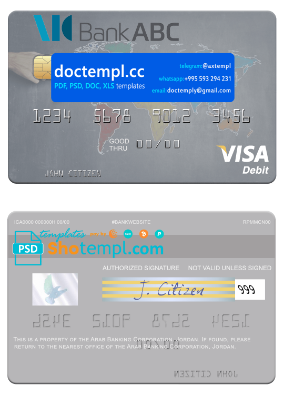 Jordan Arab Banking Corporation (ABC) visa card fully editable template ...