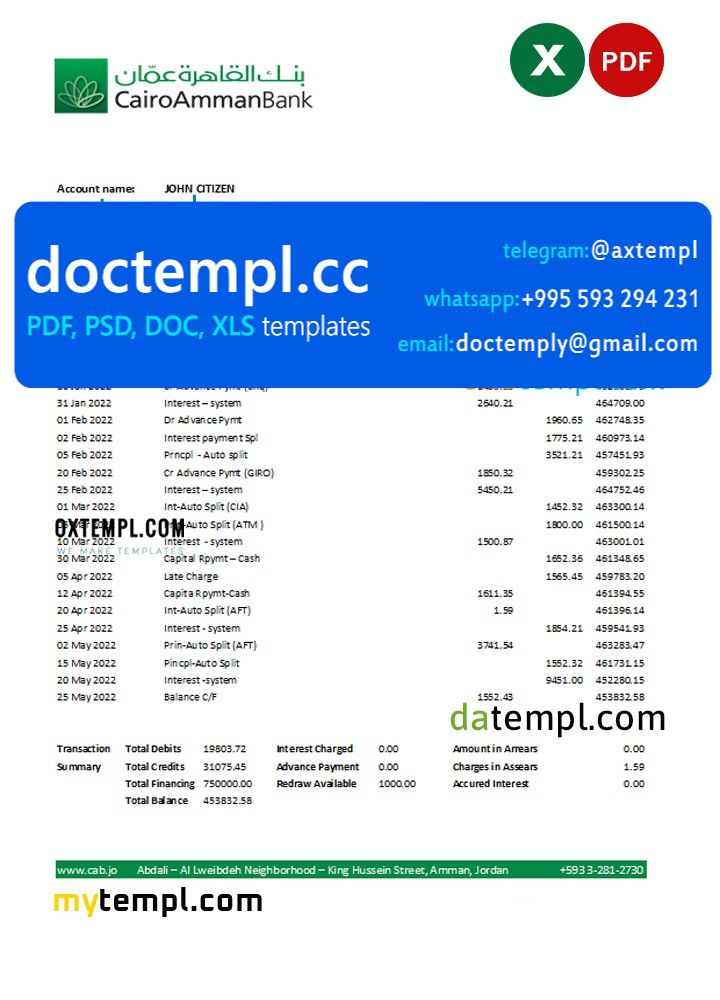 Jordan Cairo Amman bank statement Excel and PDF template