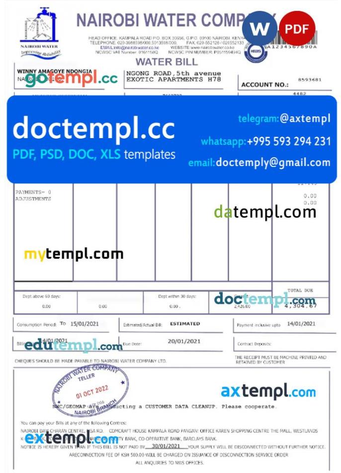 KENYA NAIROBI WATER utility bill Word and PDF template