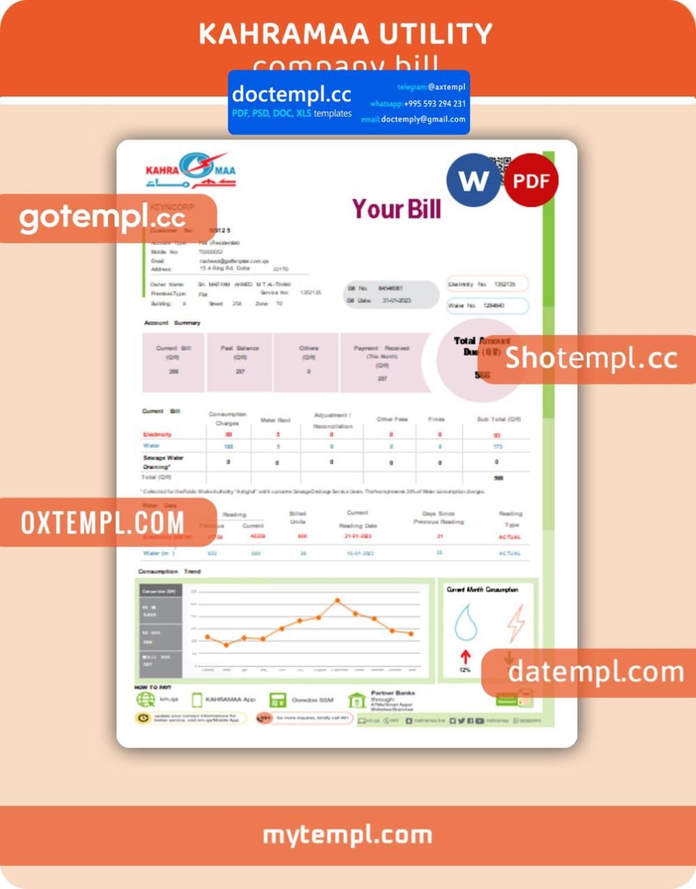 Kahramaa business utility bill, Word and PDF template