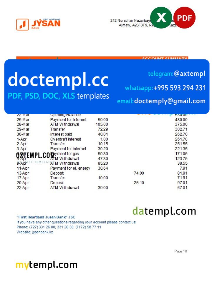 Kazakhstan First Heartland Jusan bank statement Excel and PDF template