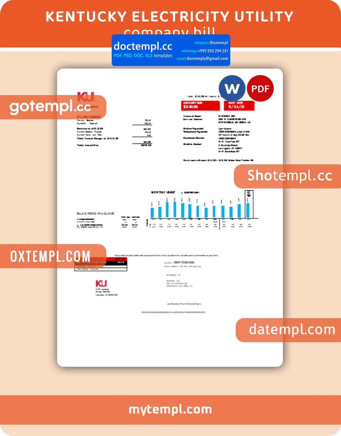 Kentucky electricity business utility bill, Word and PDF template, 4 ...