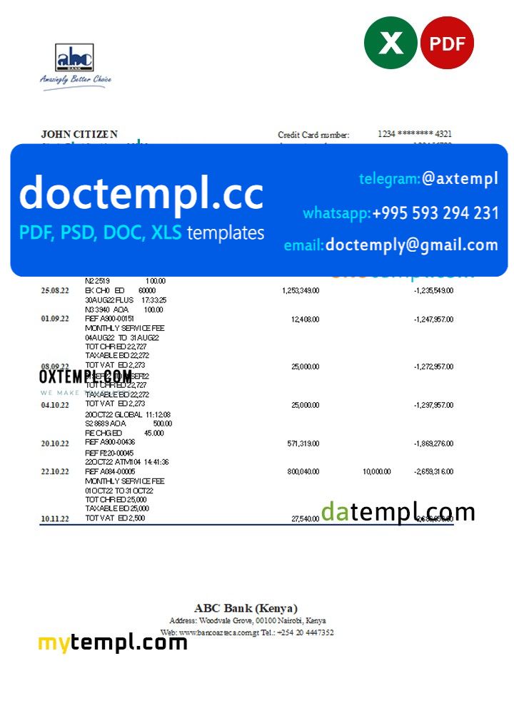 Kenya ABC bank statement Excel and PDF template