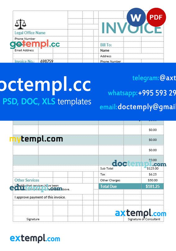Legal consulting invoice template in word and pdf format