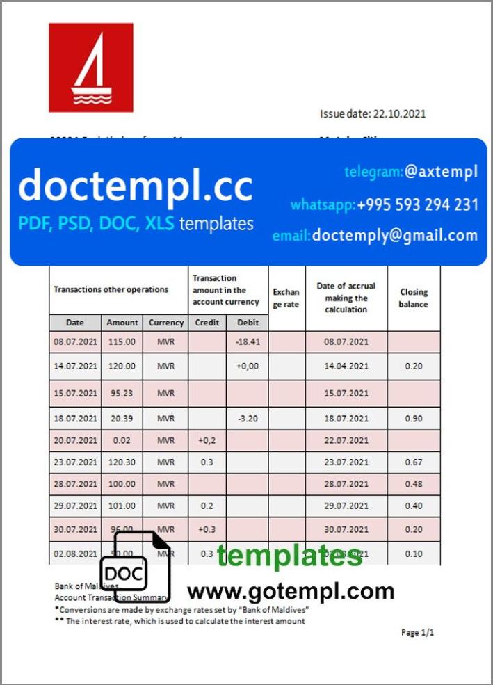 Maldives Bank of Maldives bank statement template in Word and PDF format