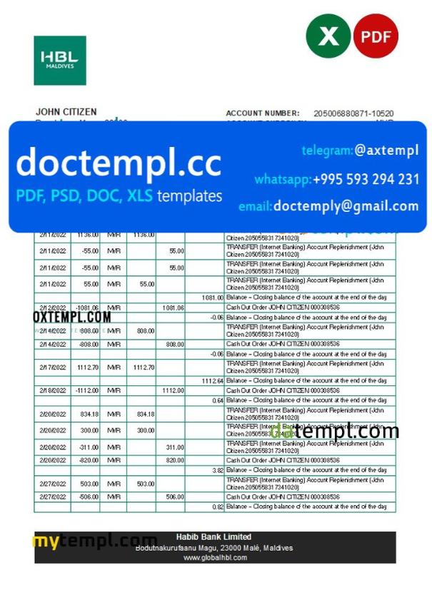 Maldives HBL bank statement Excel and PDF template