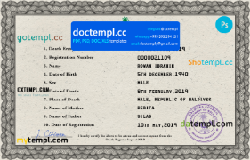 Maldives vital record death certificate PSD template, completely editable