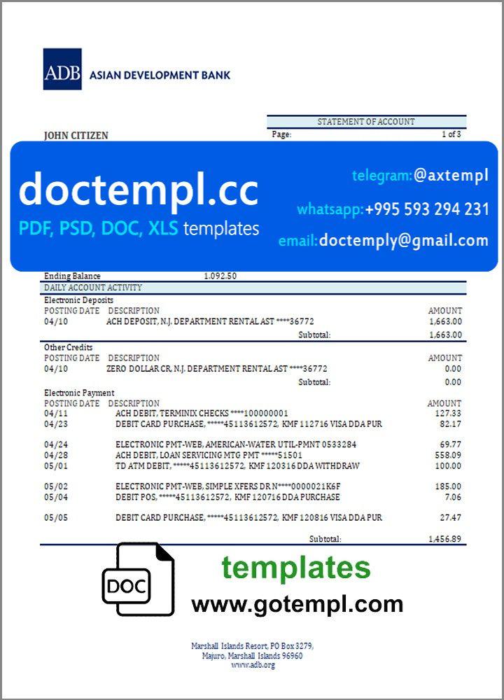 Marshall Islands ADB bank statement template in Word and PDF format