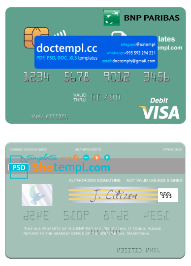 Mauritania BNP Paribas visa card fully editable template in PSD format