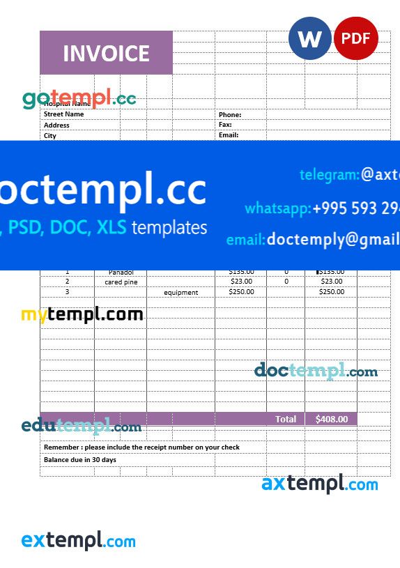 Medical Service Invoice template in word and pdf format