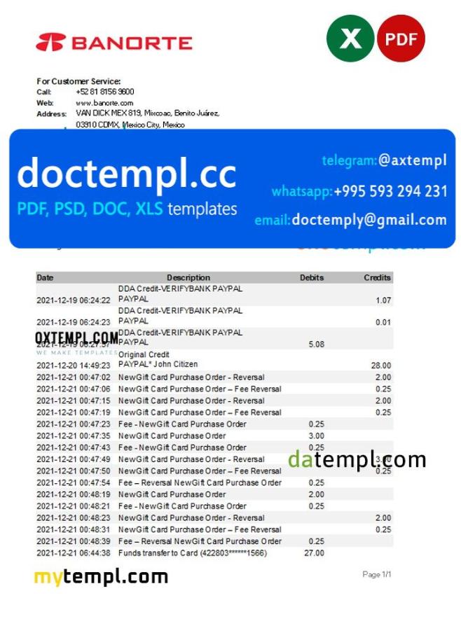Mexico Banorte bank statement Excel and PDF template