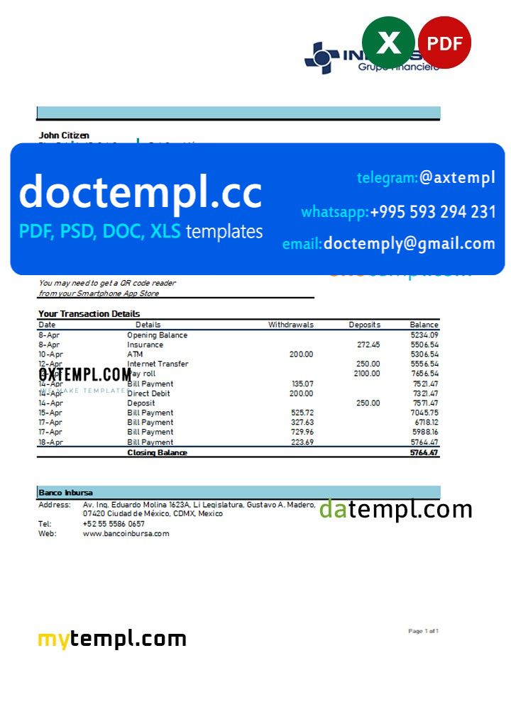 Mexico Inbursa bank statement Excel and PDF template, version 2