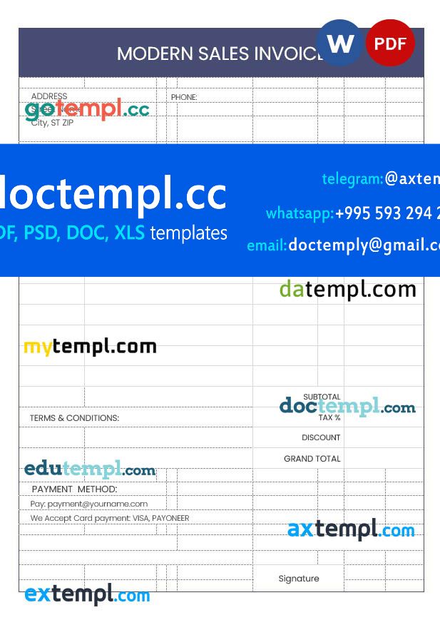 Modern Sales Invoice template in word and pdf format