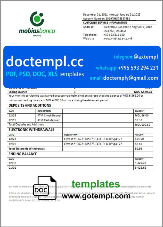 Moldova Mobiasbanca bank statement template in Word and PDF format
