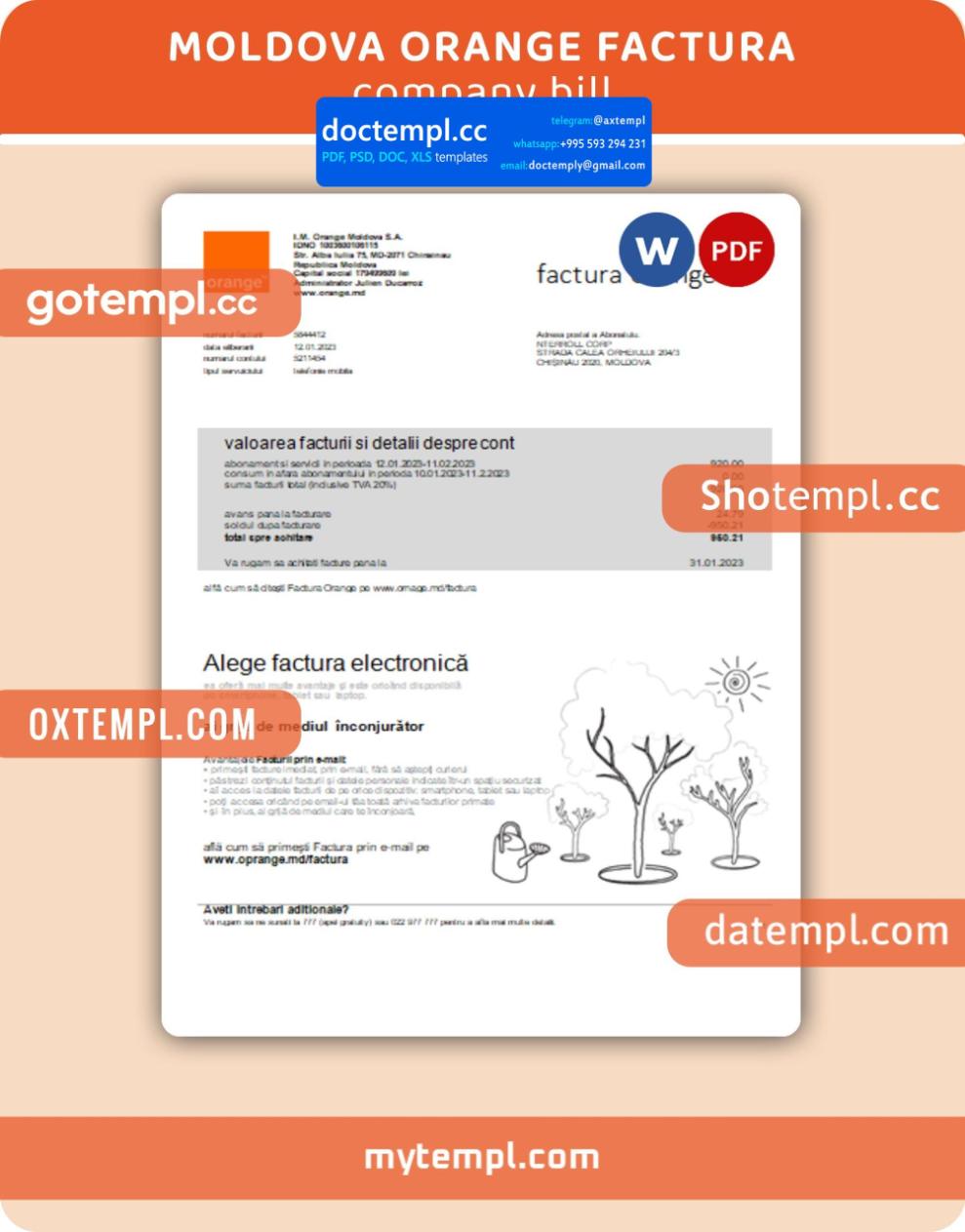 Moldova Orange Factura business utility bill, Word and PDF template