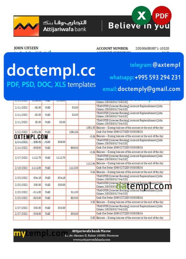 Morocco Attijariwafa bank statement Excel and PDF template