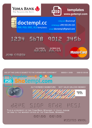 Myanmar Yoma Bank Limited mastercard, fully editable template in PSD format