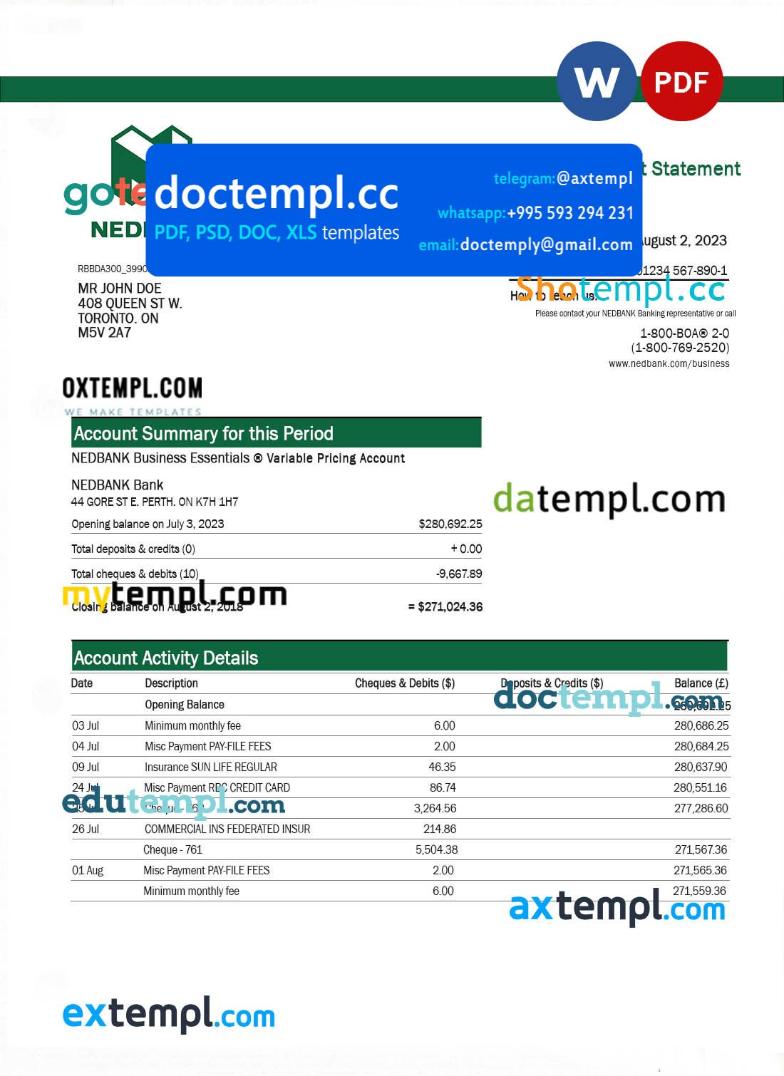 Nedbank firm statement Word and PDF template