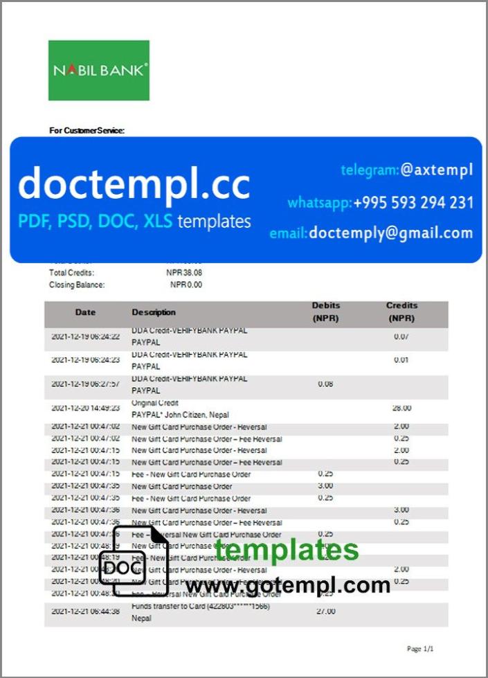Nepal Nabil Bank bank statement template in Word and PDF format