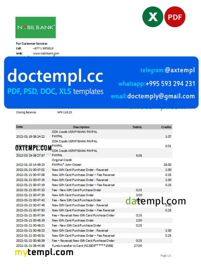 Nepal Nabil bank statement Excel and PDF template