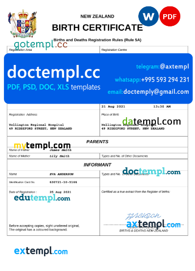 New Zealand birth certificate Word and PDF template, completely editable