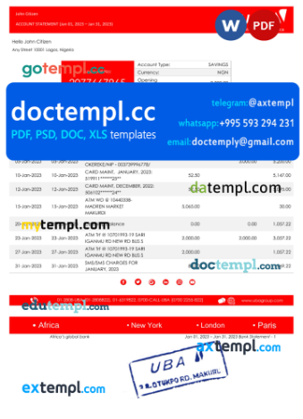 Nigeria UBA bank statement Word and PDF template, version 2