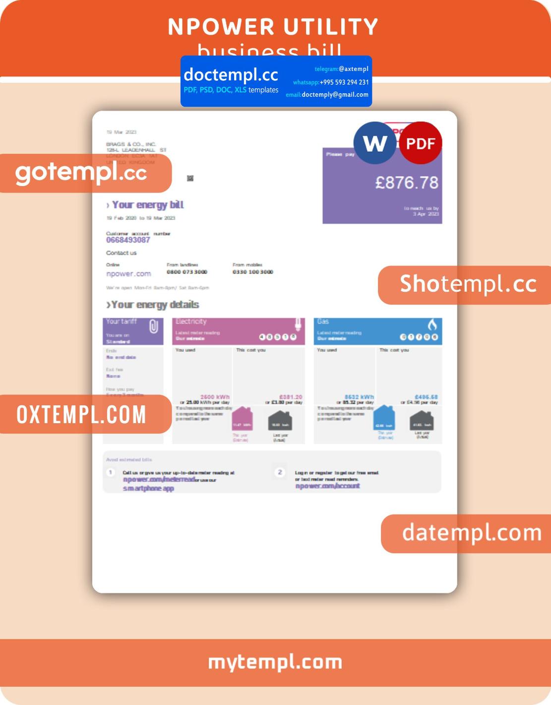 Npower business utility bill, Word and PDF template, 2 pages