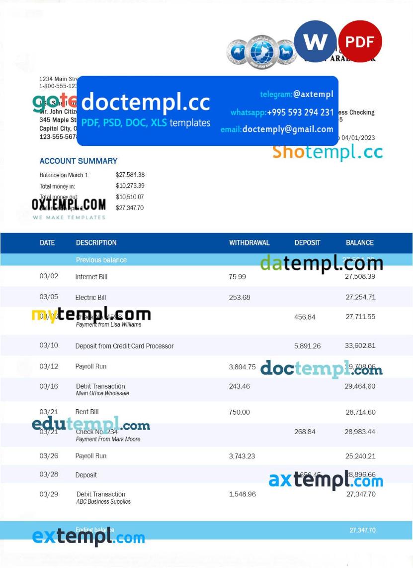 Oman Arab Bank company checking account statement Word and PDF template
