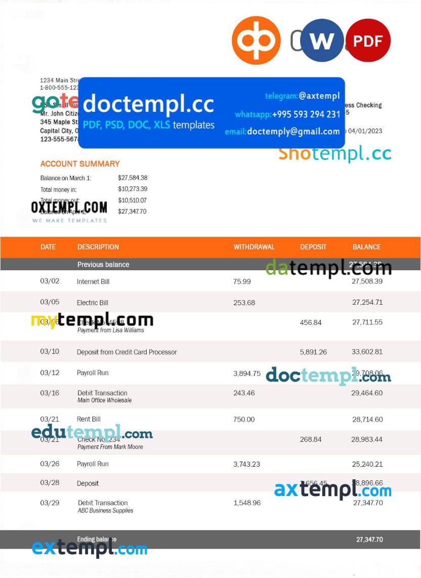 OP Bank company account statement Word and PDF template