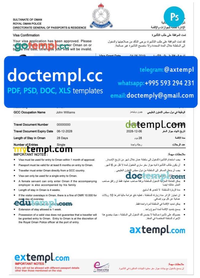 Oman electronic entry visa PSD template, with fonts