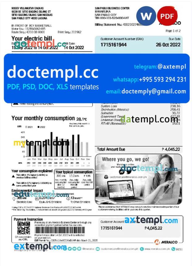 Philippines Meralco utility bill Word and PDF template
