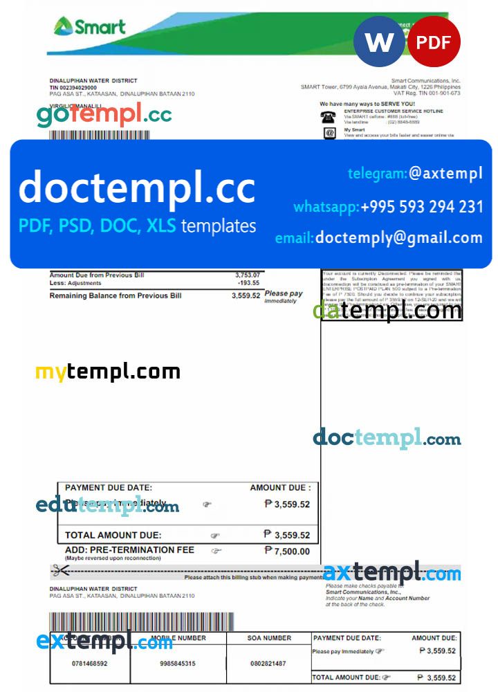 Philippines Smart utility bill Word and PDF template