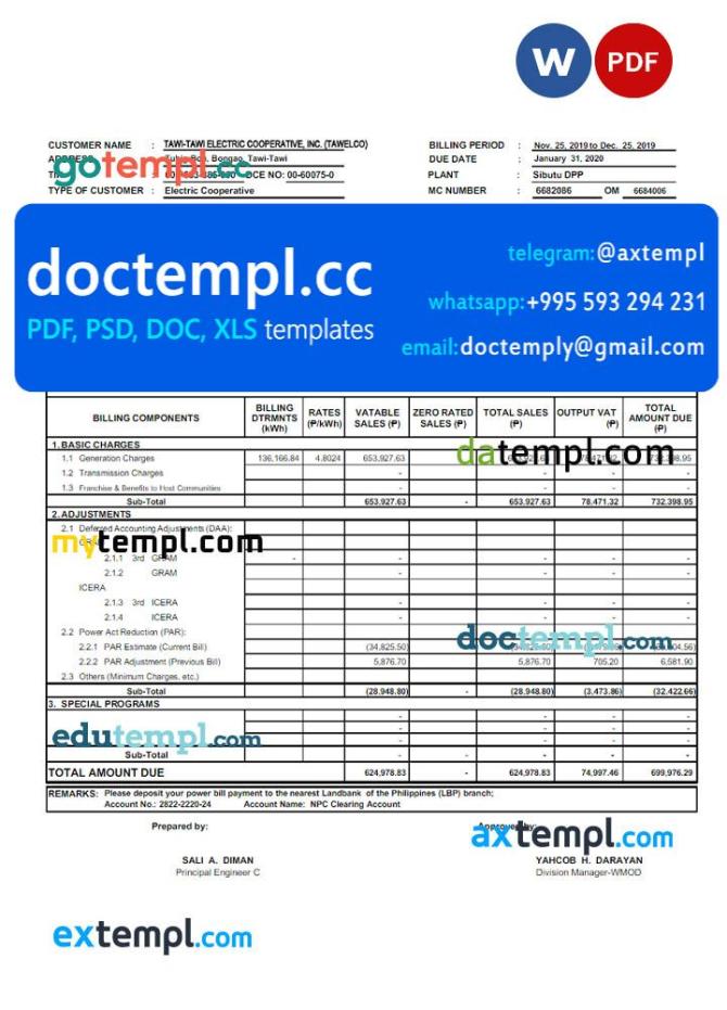 Philippines Tawelco utility bill Word and PDF template