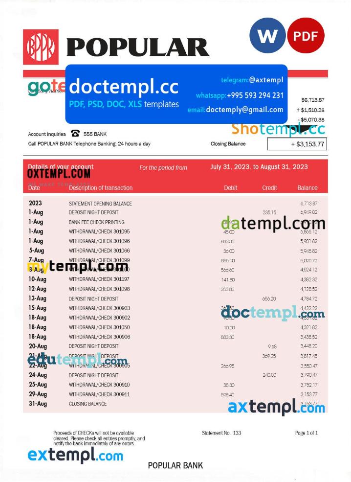 Popular Bank firm account statement Word and PDF template
