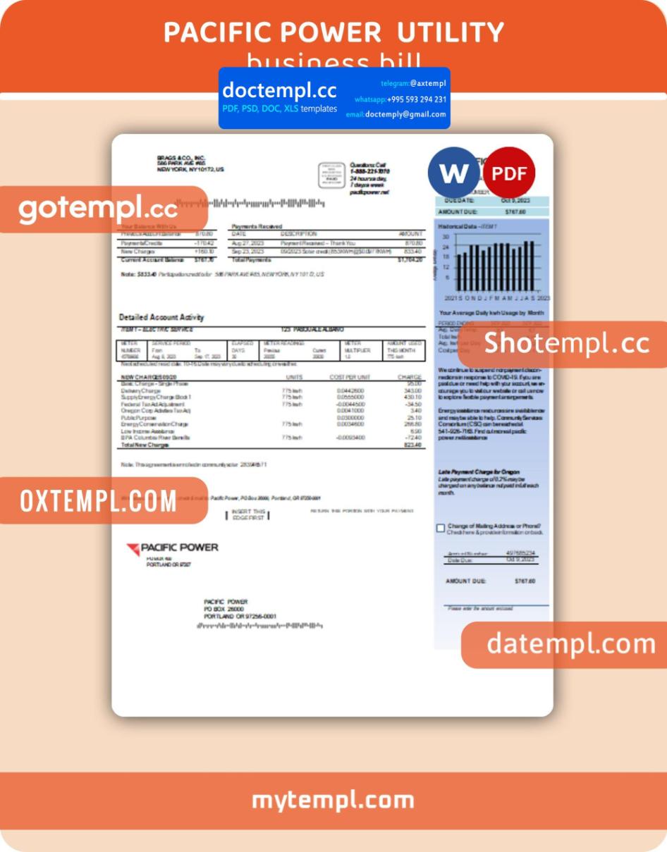 Pacific Power business utility bill, Word and PDF template, 2 pages