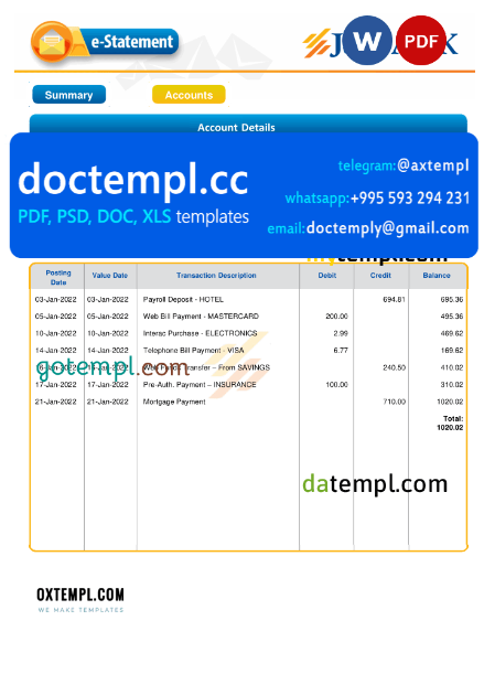 Pakistan JS bank e-statement, Word and PDF template, 3 pages