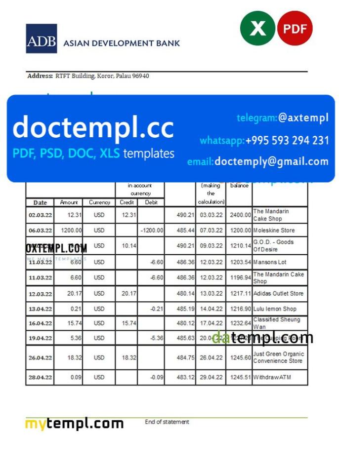 Palau ADB bank statement Excel and PDF template