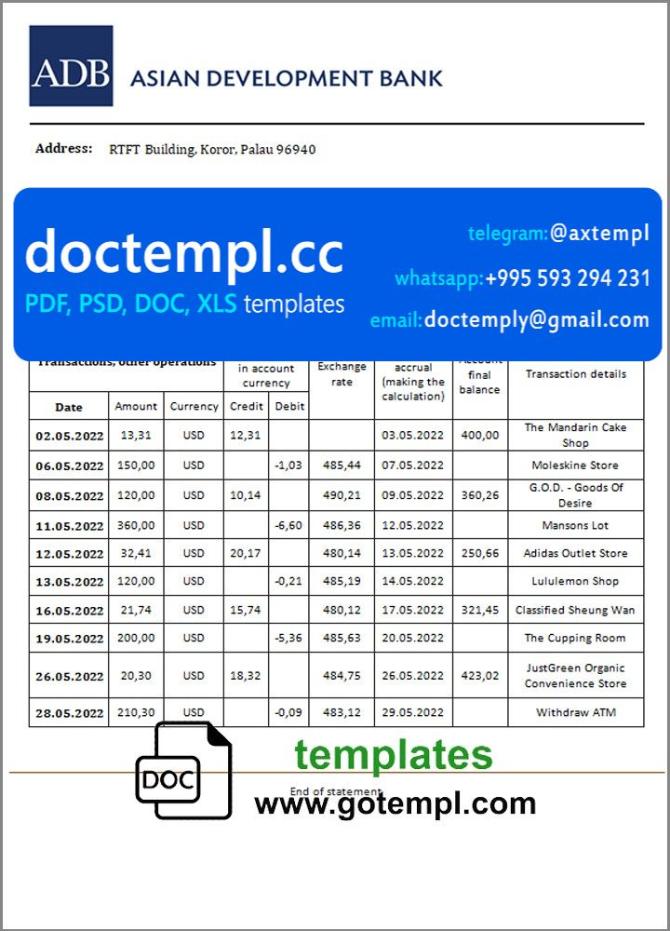 Palau ADB bank statement template in Word and PDF format