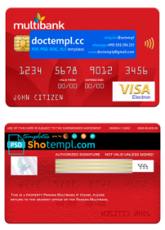 Panama Multibank visa electron card, fully editable template in PSD format