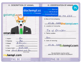 Papua New Guinea dog (animal, pet) passport PSD template, fully editable