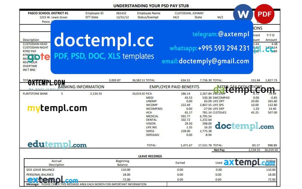 Pasco school district pay stub Word and PDF template