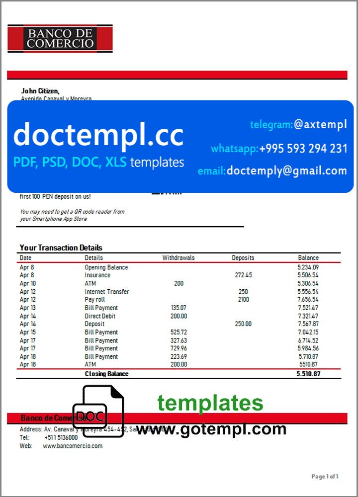 Peru Banco de Comercio bank statement template in Word and PDF format – doctempl.cc