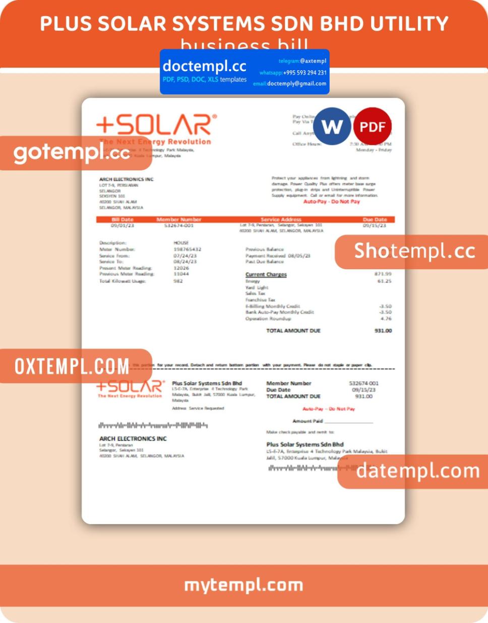 Plus Solar Systems Sdn Bhd business utility bill, PDF and WORD template