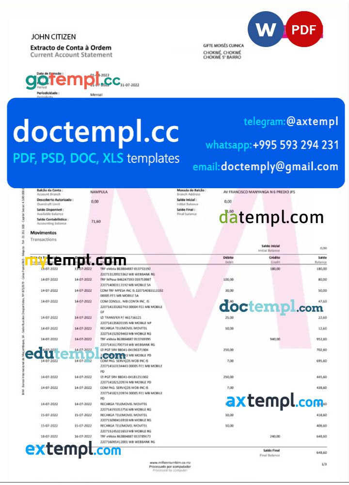 Poland Millennium bank statement Word and PDF template