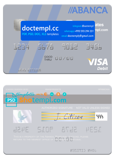 Portugal Abanca visa card fully editable template in PSD format