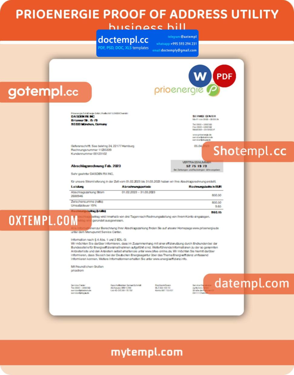 Prioenergie business utility bill, Word and PDF template