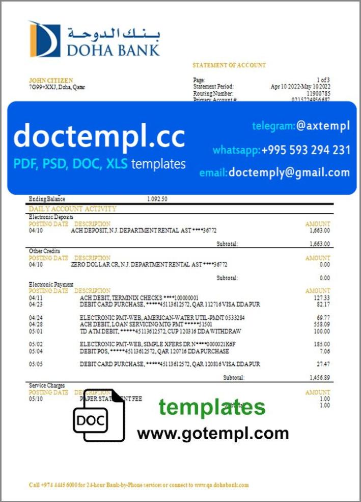 Qatar Doha Bank statement template in Word and PDF format