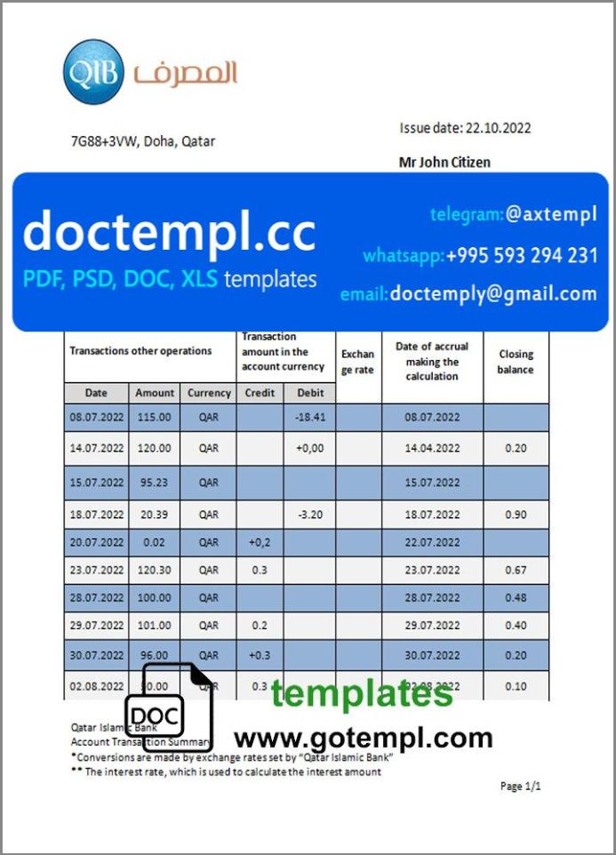 Qatar Qatar Islamic Bank statement template in Word and PDF format