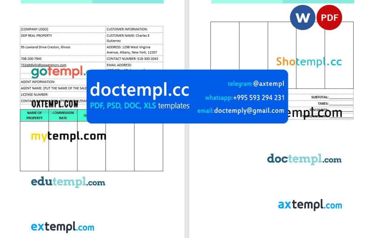Real Estate Brokerage Commission Invoice template in word and pdf format
